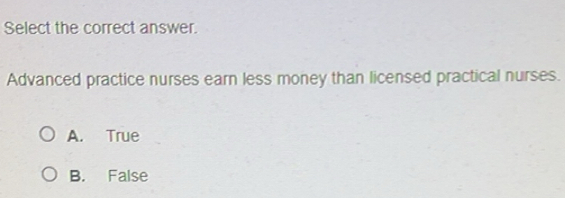 Solved: Select the correct answer. Advanced practice nurses earn less ...