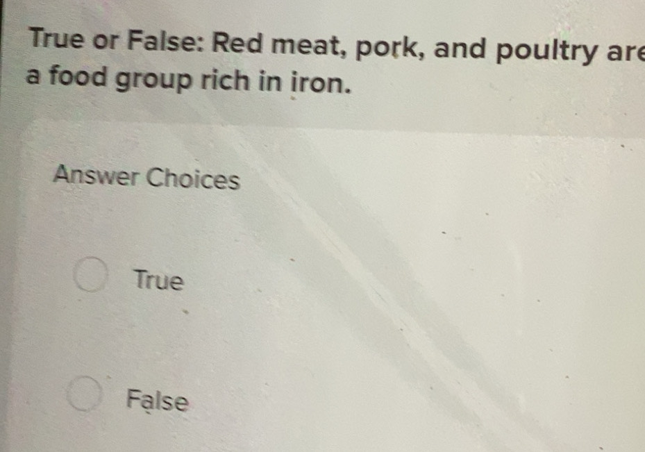 Résolu :True or False: Red meat, pork, and poultry are a food group ...