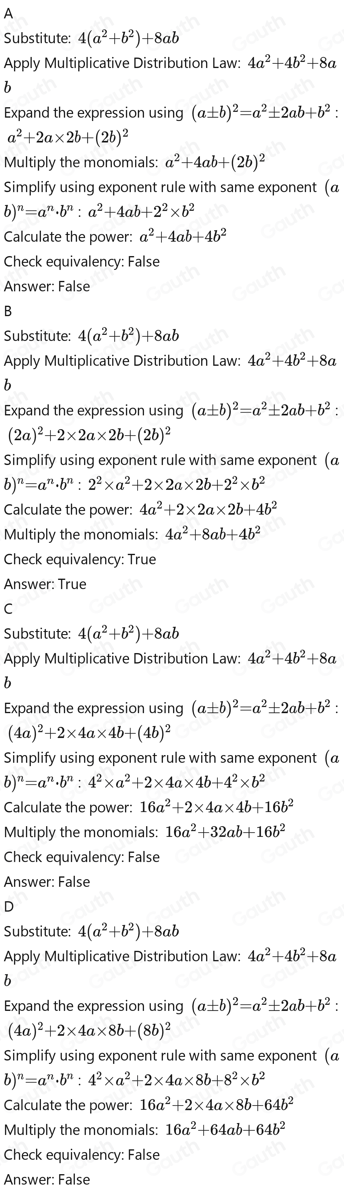 Solved: 1O If a^2+b^2=z and ab=y , which of the following is equivalent ...