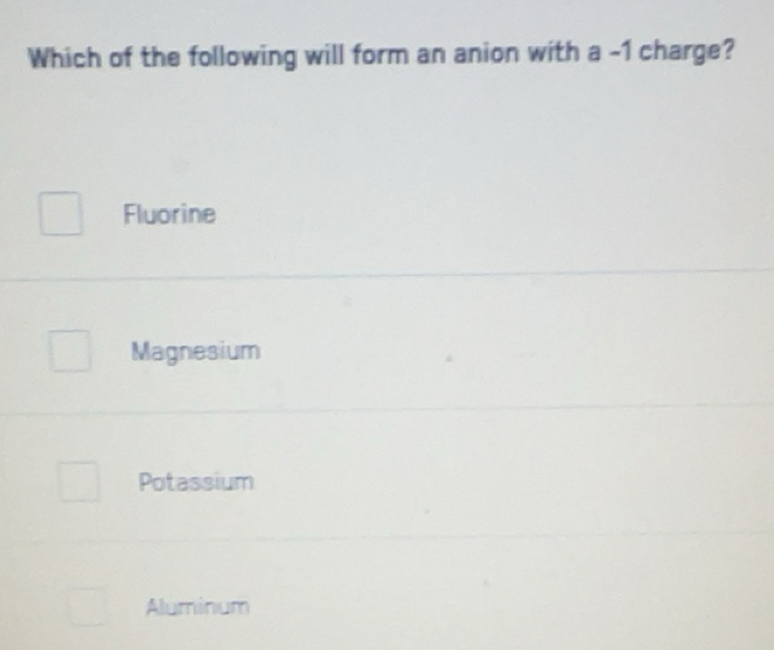 Solved: Which of the following will form an anion with a -1 charge ...