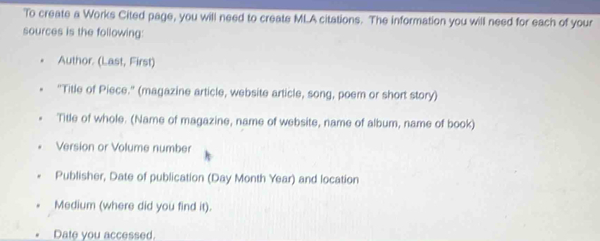 Solved: To create a Works Cited page, you will need to create MLA ...