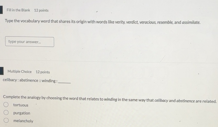Solved: Fill in the Blank 12 points Type the vocabulary word that ...