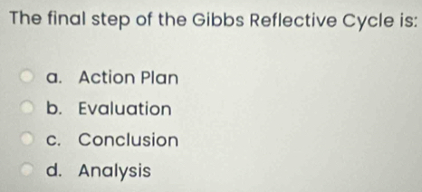 تم الحل:The final step of the Gibbs Reflective Cycle is: a. Action Plan ...