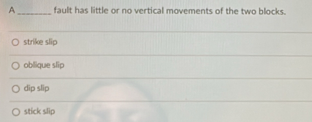 Solved: A_ fault has little or no vertical movements of the two blocks ...
