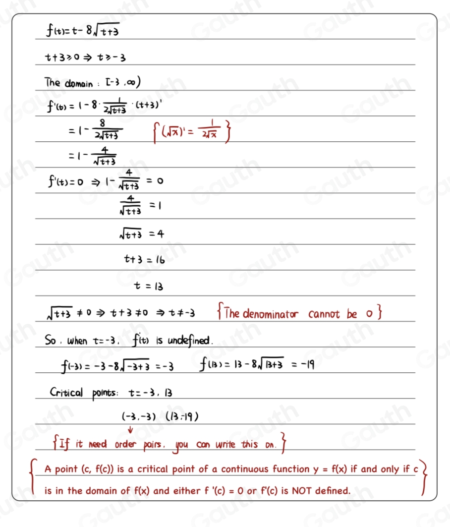 Solved: Find all critical points of the function f(t)=t-8sqrt(t+3 ...