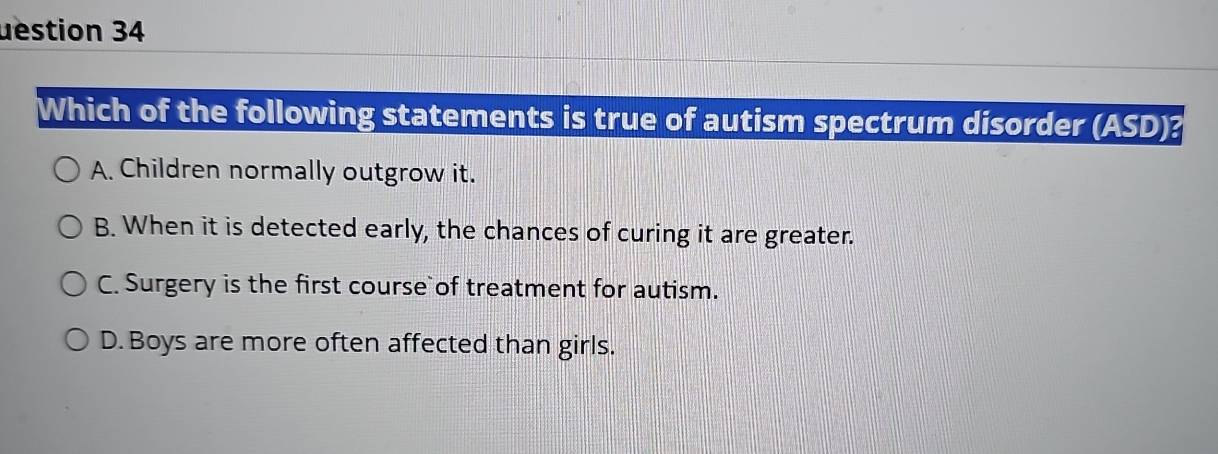 Solved: uestion 34 Which of the following statements is true of autism ...