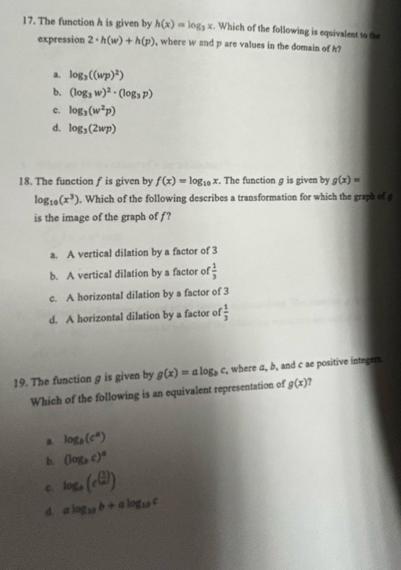 Solved: The function h is given by h(x)=log _3x. Which of the following ...