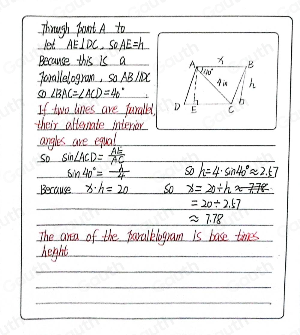 Solved: The parallelogram has an area of 20 square inches. What are the ...