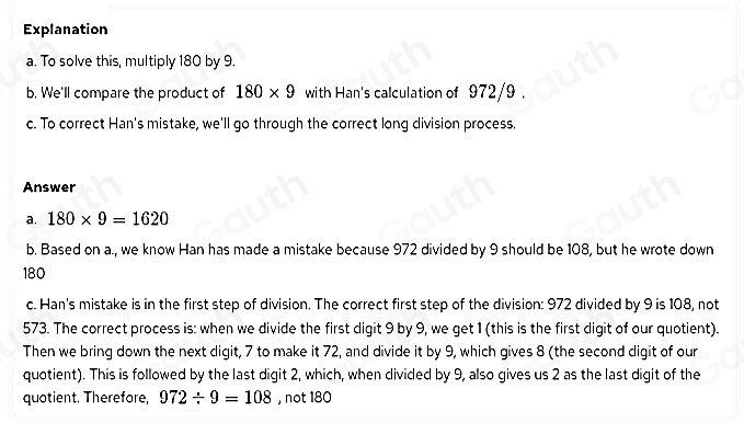 Solved: Han's calculation of 972/ 9 is shown here. beginarrayr ...