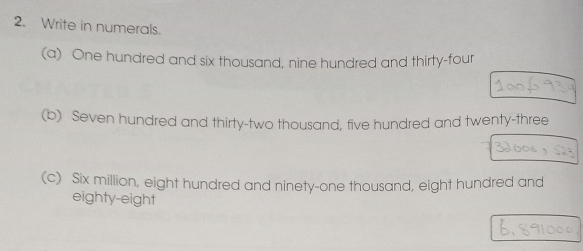 Solved: Write in numerals. (a) One hundred and six thousand, nine ...