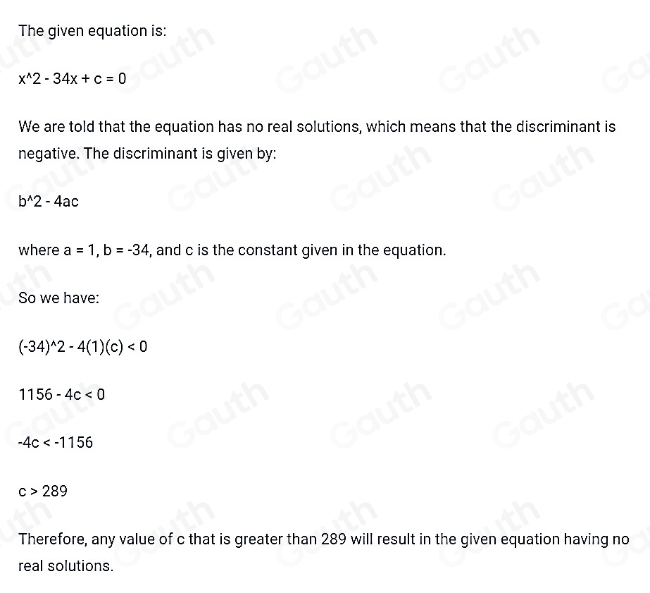 Giải quyết:x^2-34x+c=0 In the given equation, c is a constant. The ...