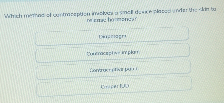 Solved: Which method of contraception involves a small device placed ...