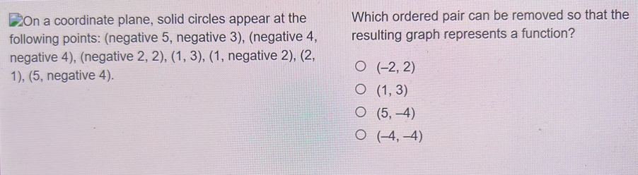 Solved: On a coordinate plane, solid circles appear at the Which ordered pair can be removed so ...
