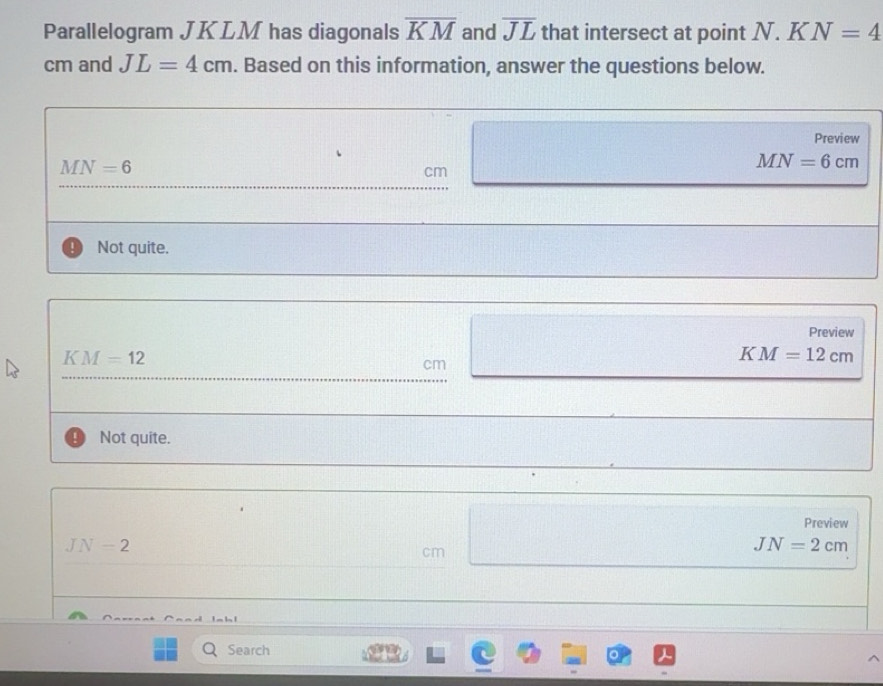 Solved: Parallelogram JKLM has diagonals overline KM overline JL that intersect at point N. K N ...