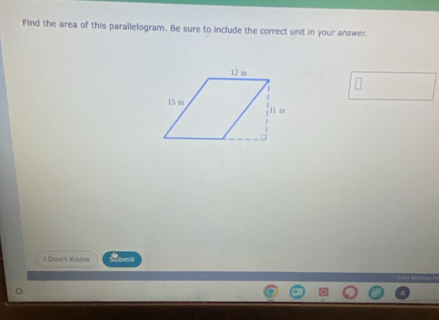 Solved: Find the area of this parallelogram. Be sure to include the correct unit in your answer ...