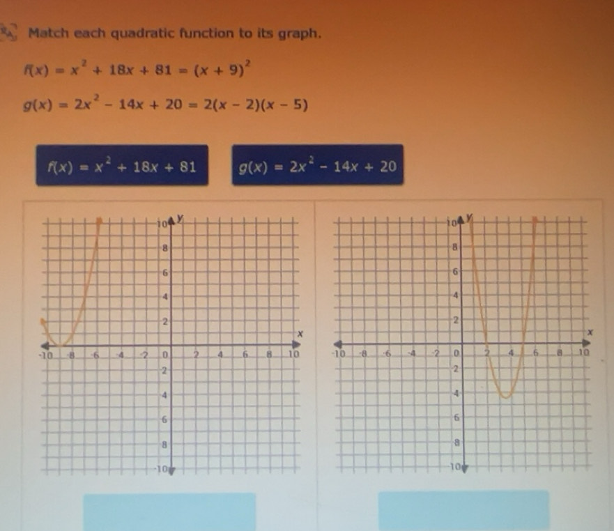 Solved: Match each quadratic function to its graph. f(x)=x^2+18x+81=(x+ ...