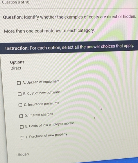 Solved: Identify whether the examples of costs are direct or hidden ...