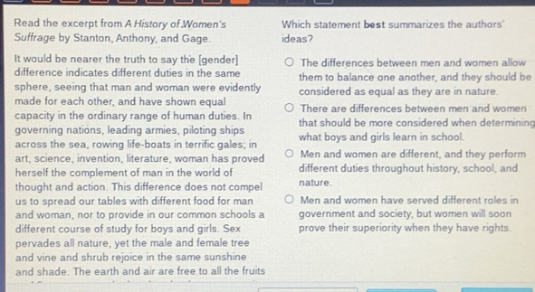 Solved: Read the excerpt from A History of Women's Which statement best ...