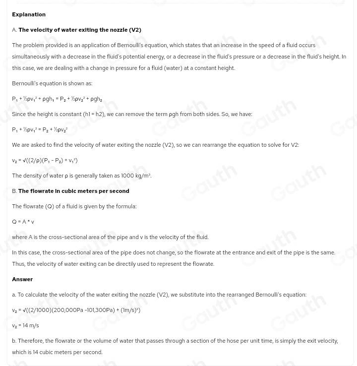 Solved: BERNOULLI'S EQUATION Water is flowing in a fire hose with a ...