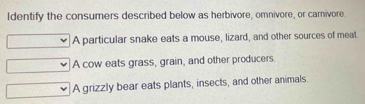Solved: Identify the consumers described below as herbivore, omnivore ...