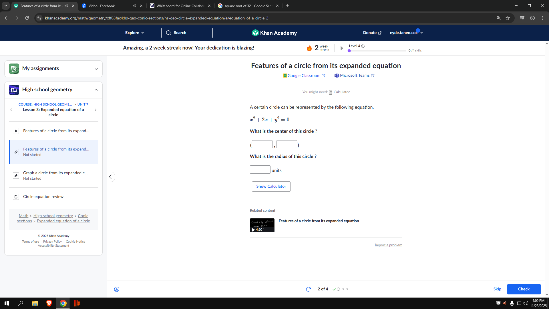 Solved: Features of a circle from its Video | Facebook W Whiteboard for ...