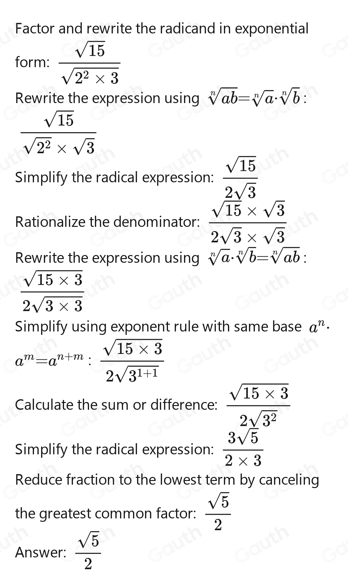 Solved: sqrt(15)/sqrt(12) [Math]