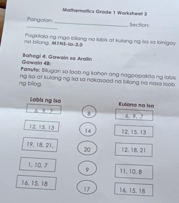Solved: Mathematics Grade 1 Worksheet 3 _ Pangalan: _Section: Pagkilala ...