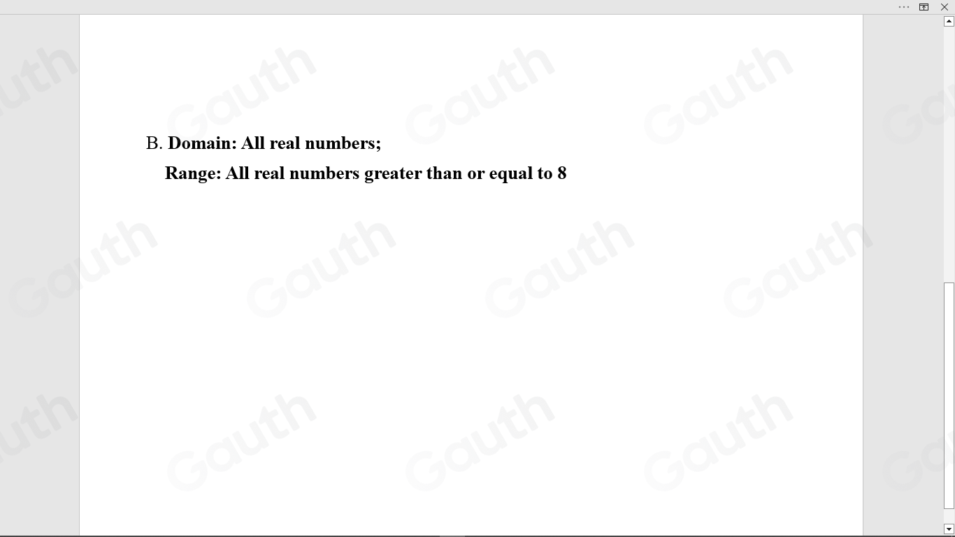 Solved: Select the domain and range of this function. y=x^2+8 A. Domain ...