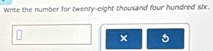 Solved: Write the number for twenty-eight thousand four hundred six. [Math]