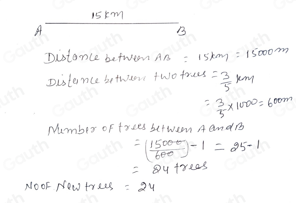 Solved: The distance between tree A and tree B is 15 km. More trees are ...