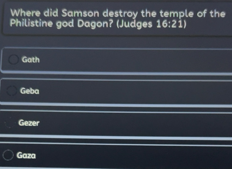 Solved: Where did Samson destroy the temple of the Philistine god Dagon ...