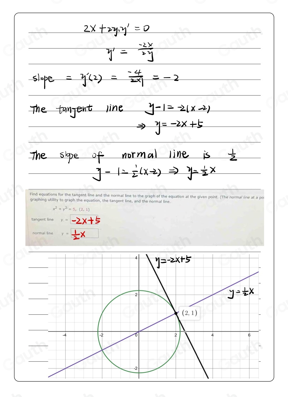 Solved: Find equations for the tangent line and the normal line to the graph of the equation at ...