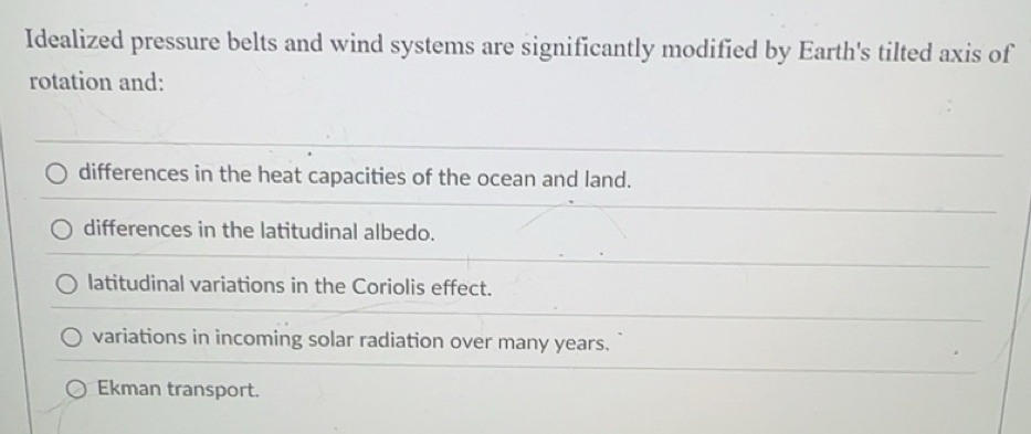 Solved: Idealized pressure belts and wind systems are significantly ...