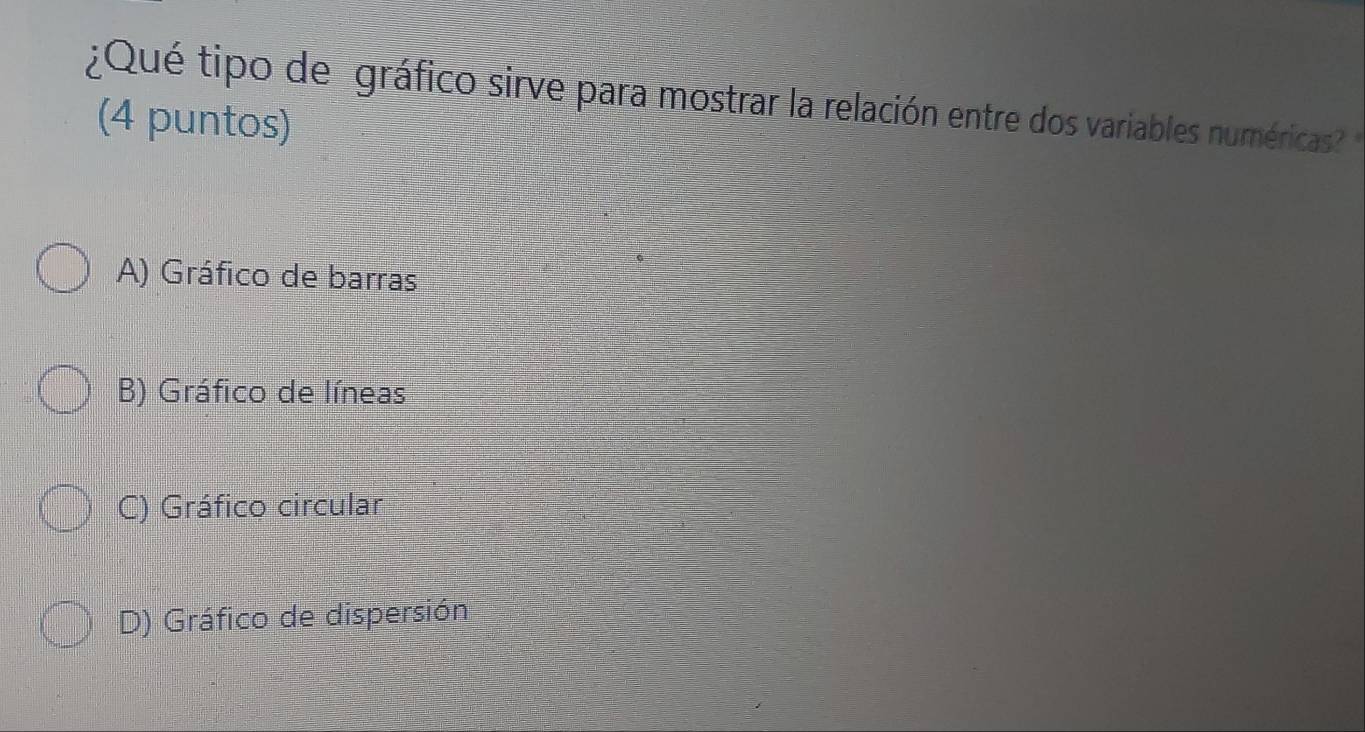 Resuelto:¿Qué tipo de gráfico sirve para mostrar la relación entre dos ...