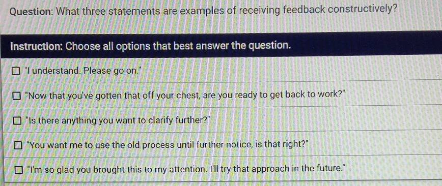 Solved: What three statements are examples of receiving feedback ...