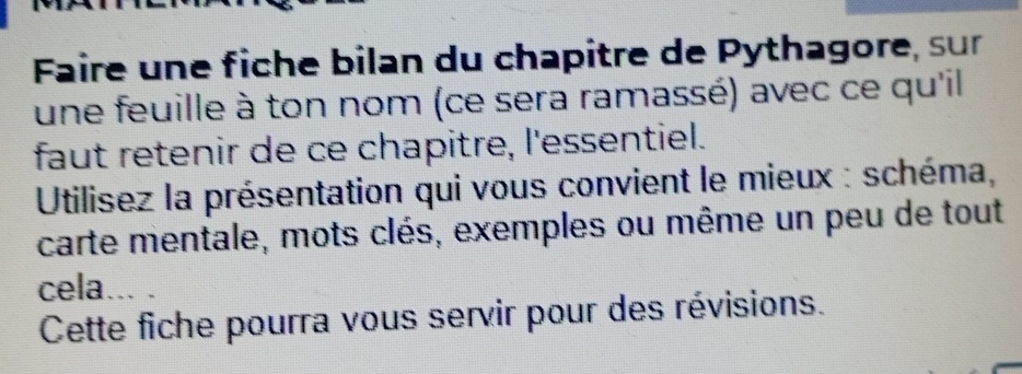 Résolu :Faire une fiche bilan du chapitre de Pythagore, sur une feuille ...