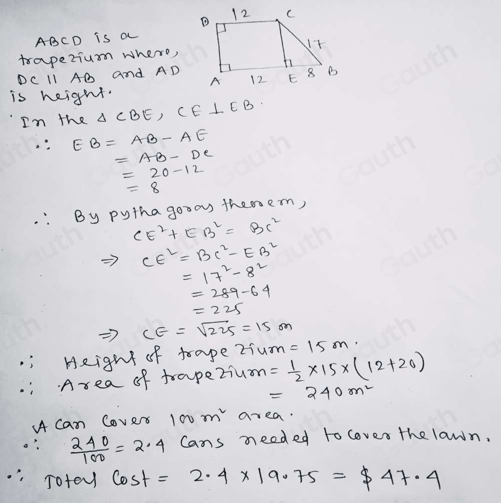 Solved: The diagram shows a lawn with a fence along one edge. 17^2-8^2= 289-64=225 sqrt(225)=15 ...