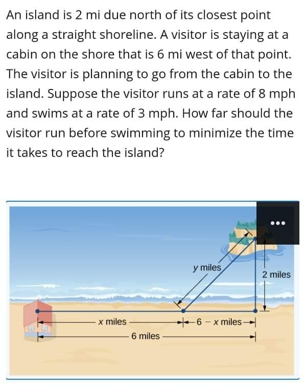 Solved: An island is 2 mi due north of its closest point along a ...