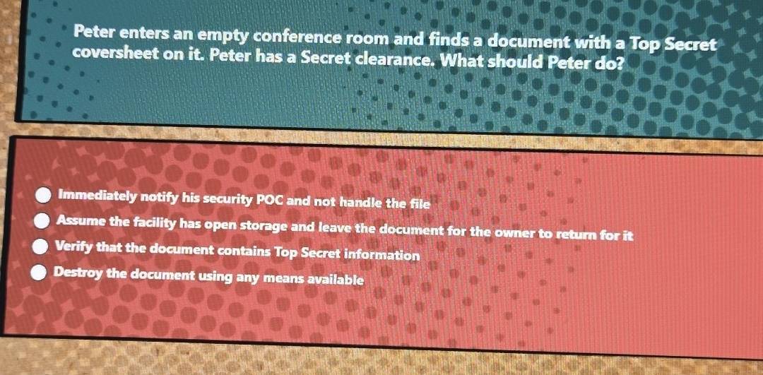 Solved: Peter enters an empty conference room and finds a document with ...