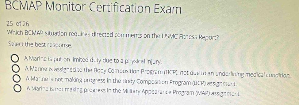 Solved: BCMAP Monitor Certification Exam 25 of 26 Which BCMAP situation ... Solved: BCMAP Monitor Certification Exam 25 of 26 Which BCMAP situation ...