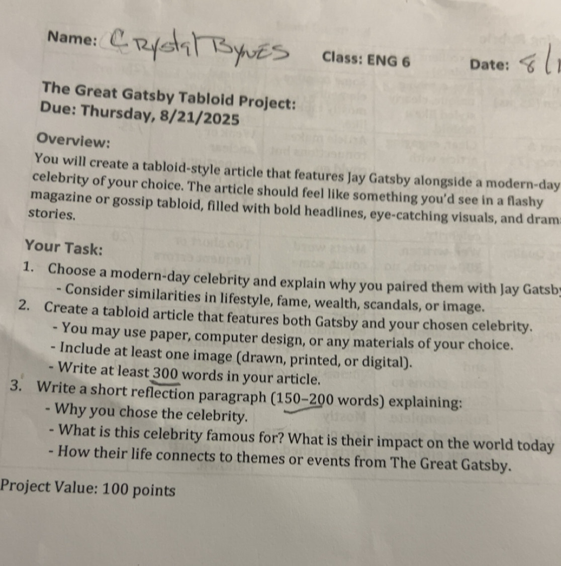 Solved: Name: Class: ENG 6 Date: The Great Gatsby Tabloid Project: Due ...
