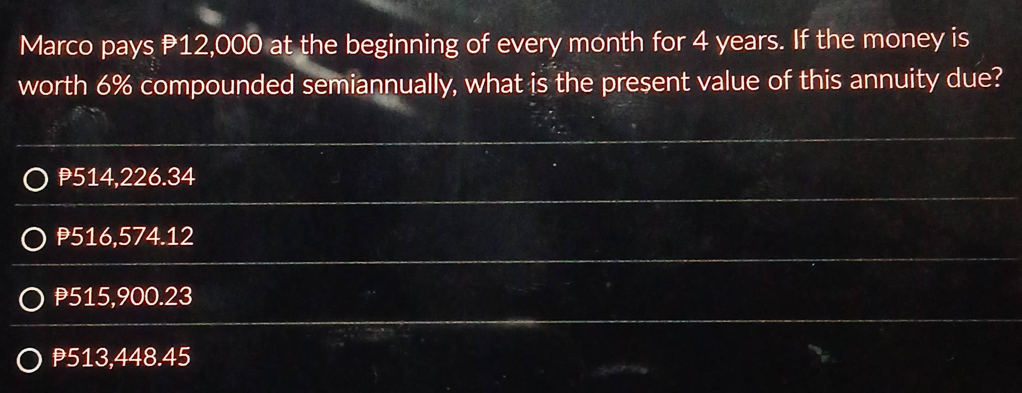 Solved: Marco pays P12,000 at the beginning of every month for 4 years ...