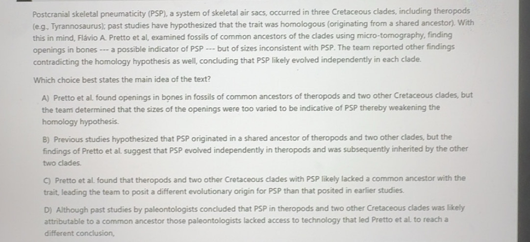 Solved: Postcranial skeletal pneumaticity (PSP), a system of skeletal air sacs, occurred in ...