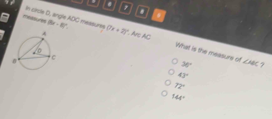 Solved: 7 B . (8x-8)^circ . measures In circle D, angle ADC measures ...