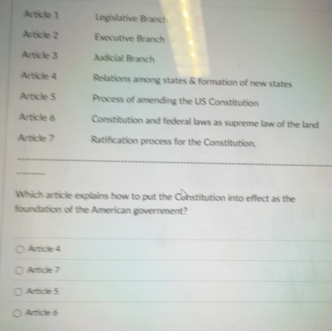 Solved: Article 1 Legislative Branch Article 2 Executive Branch Article ...