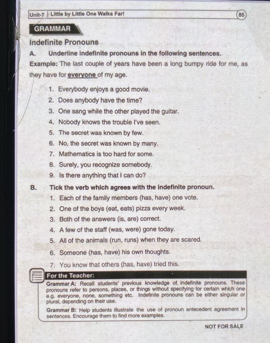 Solved: Unit-7 ↓ Little by Little One Walks Far! 85 GRAMMAR Indefinite ...