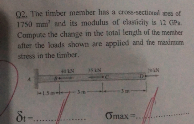 Solved: The timber member has a cross-sectional area of 1750mm^2 and ...