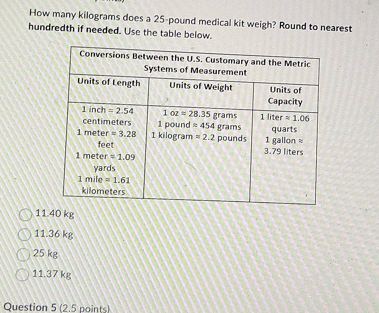 Solved: How many kilograms does a 25-pound medical kit weigh? Round to ...