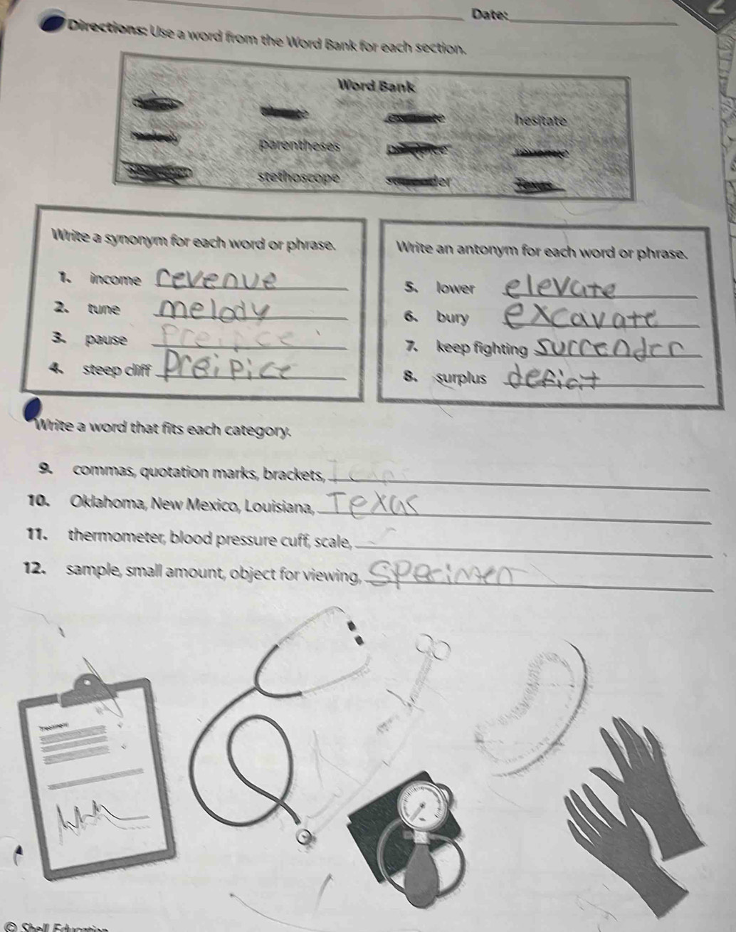 Solved: Date:_ Directions: Use a word from the Word Bank for each ...