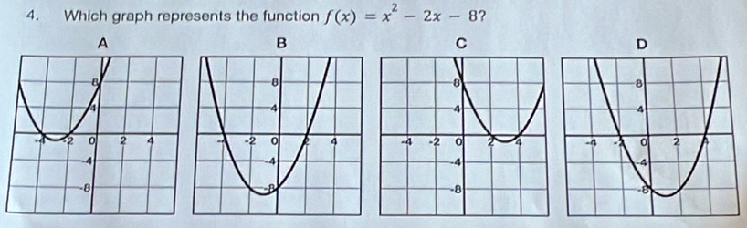 Solved: Which graph represents the function f(x)=x^2-2x-8 ? C [Math]
